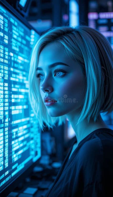 Futuristic Vision Blonde Woman Analyzing Glowing Code On A Monitor