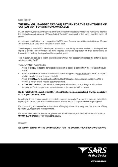 Vat201 Lettervat Dear Vendor The New Value Added Tax Vat Return