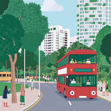 친환경 2층 버스가 도심의 현대적인 거리에서 주행하고 있는 모습 버스 외관은 녹색과 자연 친화적인 디자인으로 장식되어 있으며 주변에는 푸른 나무와 꽃들이 가득한 공원이