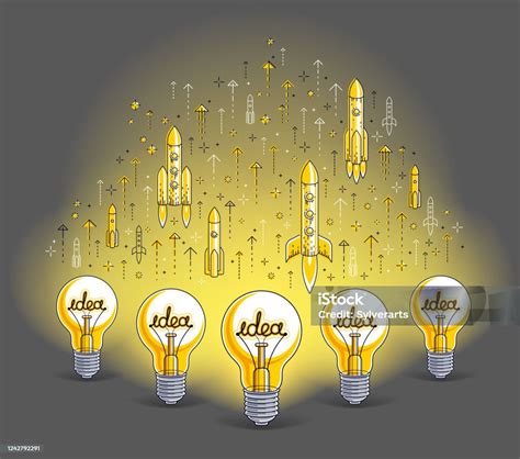 빛나는 전구의 그룹과 발사 로켓의 세트 시작 아이디어 개념 팀워크 창조적 인 비즈니스 팀 벡터 일러스트레이션 0명에 대한 스톡 벡터 아트 및 기타 이미지 Istock
