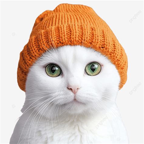 Adorable White Cat With Green Eyes And Orange Hat White Cat Green