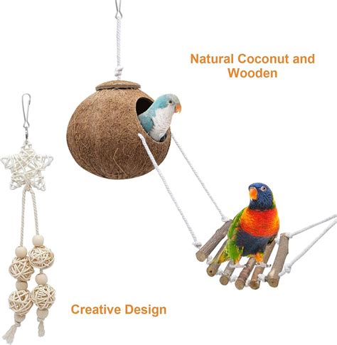 Yue Budgie Toys 7 Pcs Bird Toys Natural Coconut Bird Cage With Ladder