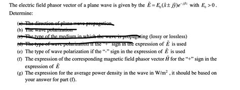 Solved The Electric Field Phasor Vector Of A Plane Wave Is