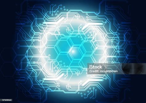 추상 기술 미래 디지털 회로와 육각형은 어두운 파란색 배경 일러스트 벡터 디자인 배경에 빛나는 빛 데이터에 대한 스톡 벡터 아트