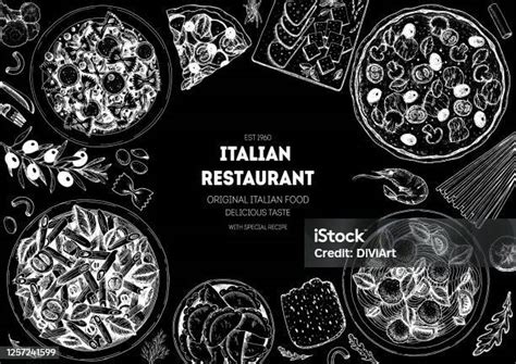 피자 파스타 라비올리 요리 피자 파스타 라비올리 재료 스케치 일러스트레이션 이탈리아 요리 프레임 음식 메뉴 디자인 요소 피자와 파스타 손으로 그린 프레임 이탈리아 음식