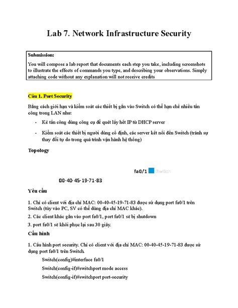 Lab Network Infrastructure Security Port Security DHCP Snooping WiFi Studocu