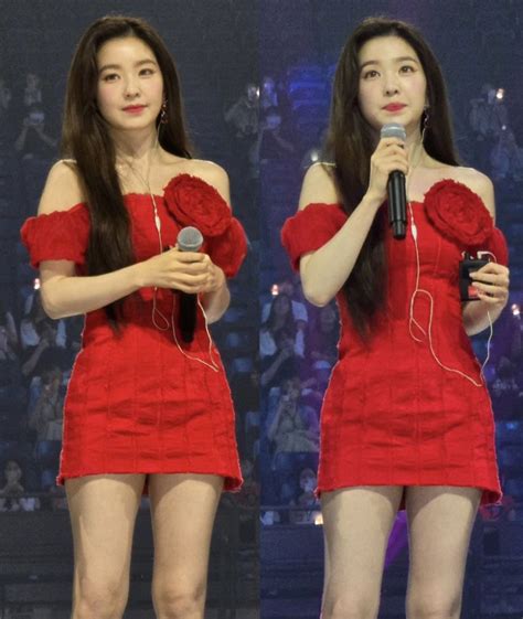 계단 올라가는 레드벨벳 아이린 빨간 오프숄더 미니드레스 엉벅지