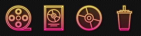 設置線cd或dvd磁碟 膠片捲軸 Cd磁碟獎在框架和紙玻璃與水發光霓虹燈圖示向量向量圖形及更多菲林圖片 菲林 菲林捲軸 電影 Istock