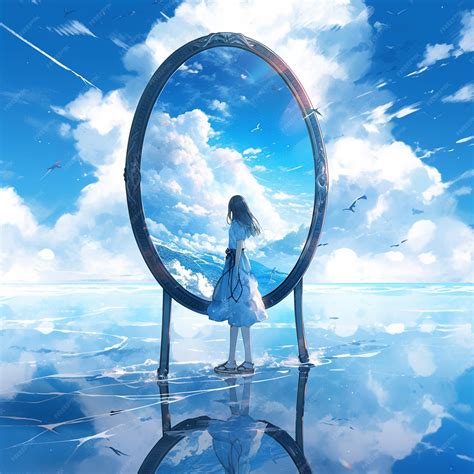 Premium Photo Anime Girl Looking At Herself In Mirror With Birds