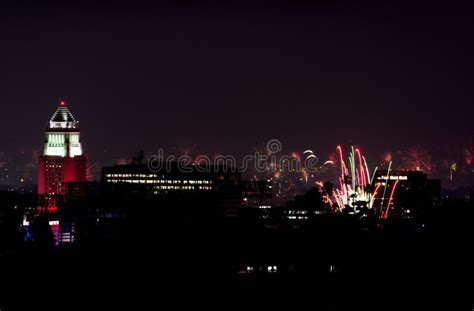 Glowing Fireworks Celebration In The Night Sky Of Los Angeles City Hall