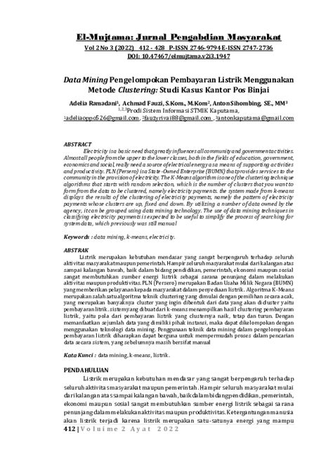 Pdf Data Mining Pengelompokan Pembayaran Listrik Menggunakan Metode Clustering
