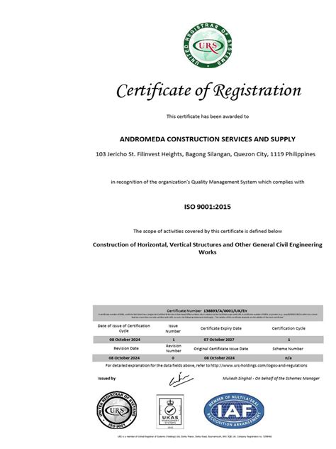 Andromeda Constructioniso 90012015 Draft Certificate 1 Pdf