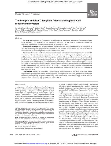 Pdf The Integrin Inhibitor Cilengitide Affects Meningioma Cell