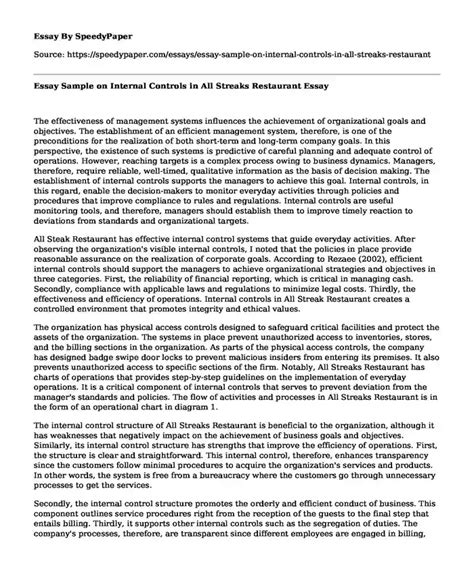 📚 Essay Sample On Internal Controls In All Streaks Restaurant