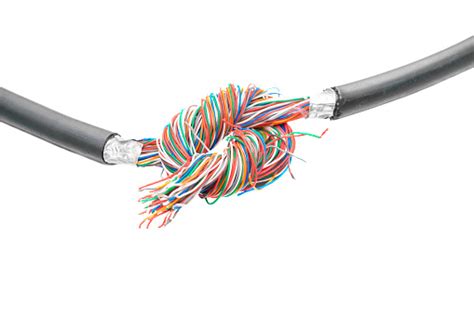 여러 가지 색상의 전화선이 매듭이 됩니다 인터넷 연결 회선의 문제 개념입니다 전기 케이블은 흰색 배경에 있습니다 두 개의 연선 통신 와이어가 매듭에 연결됩니다 0명에 대한