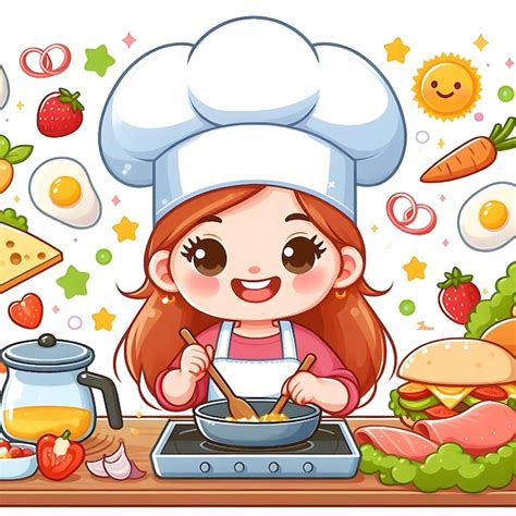 A Girl Cooking In A Kitchen With A Cookbook On The Wall Premium Ai