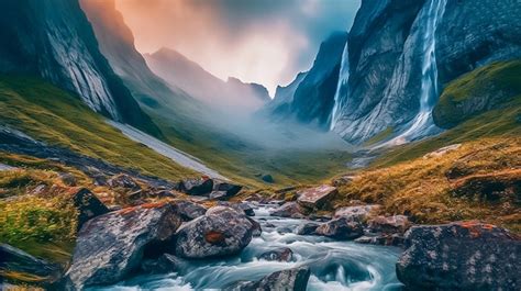 Beautiful Fog And Sunrise On The Top Of Moutain With Waterfall Ai
