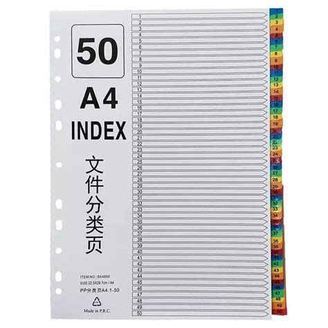 Colorful Plastic A4 File Separators 2 4 3 Binder Tab 10 20 30 50 Index Tabs A4 Spiral Page