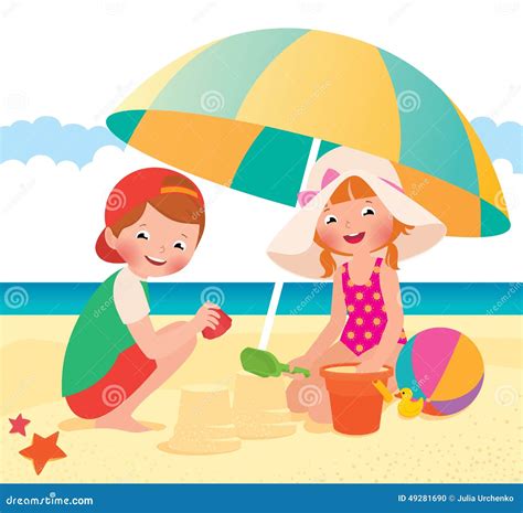 Kinder Die Auf Dem Strand Spielen Vektor Abbildung Illustration Von