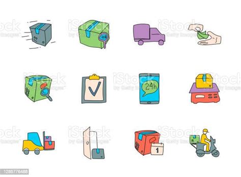 傳遞手繪線性向量圖示隔離在白色背景上為 Web 和 Ui 設計行動應用程式和列印產品設置的交付塗鴉圖示集向量圖形及更多簡易圖畫圖片 Istock