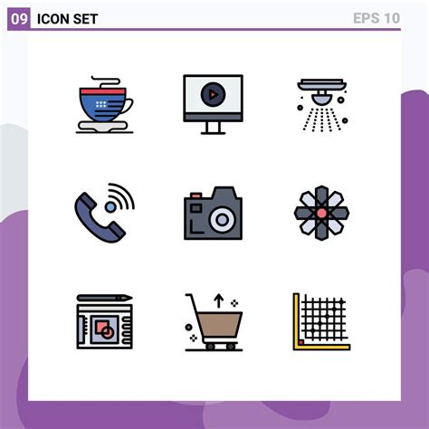 9 Universal Filledline Flat Color Signs Symbols Of Media Camera Bell Outgoing Contact Us