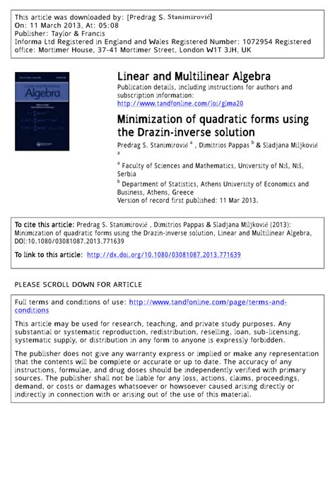 Pdf Minimization Of Quadratic Forms Using The Drazin Inverse Solution
