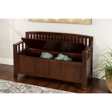 Linon Cynthia Wood Storage Bench Fliptop Slat Back And Side In Walnut
