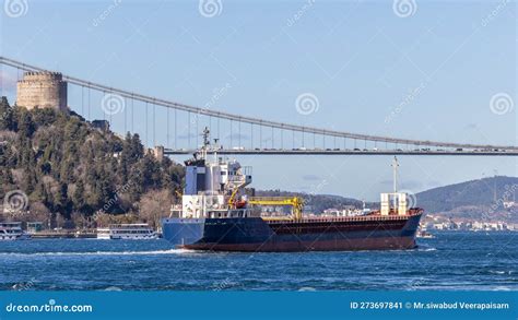 Tanker Ship Pass Through The Bosporus With Bosphorus Bridge In Istanbul