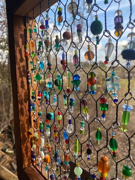 Beaded Chicken Wire On Salvaged Southern Red Cedar Frame In Glass Window Art Chicken