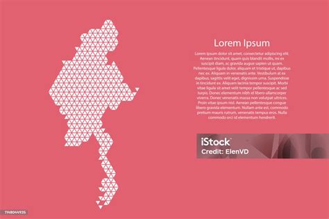 미얀마 지도 배너 포스터 인사말 카드에 대 한 노드와 핑크 산호 색상 배경에 기하학적 패턴을 반복 흰색 삼각형에서 추상적 인 회로도 벡터 일러스트입니다 세계지도에 대한 스톡