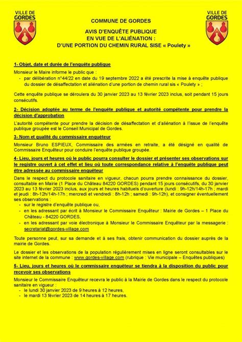 Avis d enquête publique en vue de l aliénation d une portion du chemin rural sise Poulety