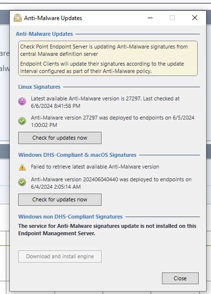 endpoint management server cannot get anti malware check point