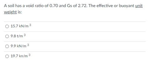 Solved A Soil Has A Void Ratio Of 070 And Gs Of 272 The