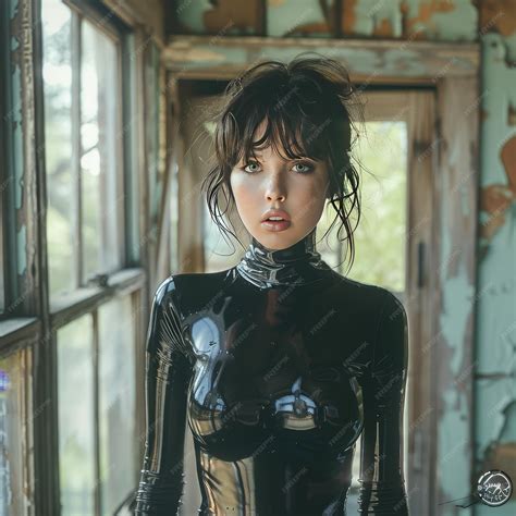 Premium Photo Portrait Of A Young Woman In A Black Latex Costume On