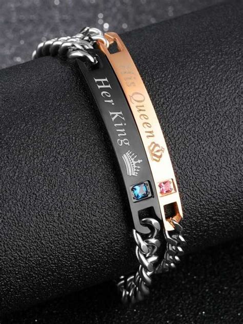 2pcsset Couple Crown And Letter Detail Rectangle Decor Bracelet