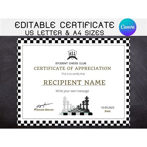 Editable Chess Tournament Award Certificate Chess Appreciation Certificate Template Winner