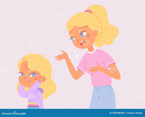Mother Scolding Her Upset Daughter Cartoon Illustration