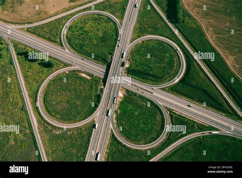 Clover Or Daisy Type Of Road Junction Aerial Top Down View Of