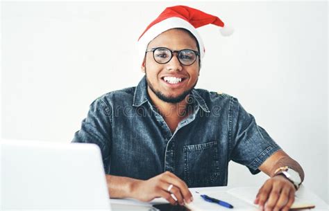 Christmas Laptop And Portrait Of Man In Hat At Desk Of Web Development