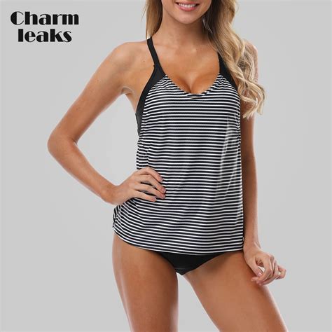Charmleaks Women Tankini Set Striped Swimwear Halter Swimsuit Padded