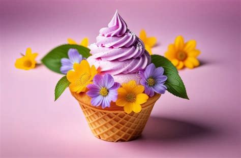 Helados De Helado De Gelato Fresco Bayas Y Flores En Un Cono De Gofre