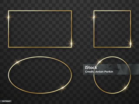 블랙 투명 배경에 빛나는 효과가 있는 골든 라이트 프레임 세트 현실적인 골드 테두리의 컬렉션 글로우 스퀘어 직사각형 원 타원형