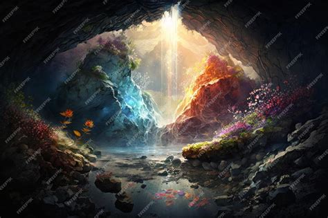 Premium Photo Fantasy Landscape With Cave And Sun Illustration
