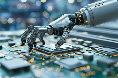 Advanced Robotic Arm Engaged In Precision Assembly Of Electronics On A