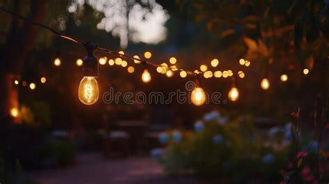 String Of Edison Bulbs Lighting Up A Backyard At Dusk Stock Illustration Illustration Of