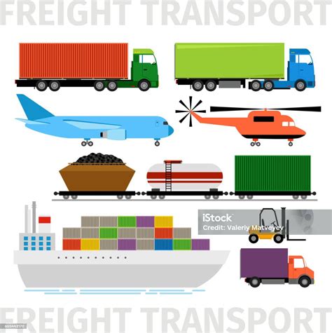 수송 차량 비행기 및 기차 트럭 트레일러 배 벡터 일러스트 레이 션 화물 운송에 대한 스톡 벡터 아트 및 기타 이미지 화물 운송 개념 개체 그룹 Istock