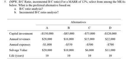 solved 5 npw b c ratio incremental b c ratio for a marr