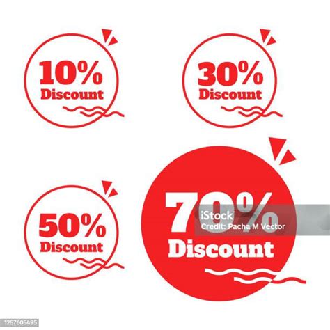 빨간색 배지 스티커 가격 라벨 태그 스페셜 오퍼 프로모션 세일 세트 10 30 50 70 할인 벡터 플랫 아이콘 흰색 배경에 격리 0명에 대한 스톡 벡터 아트 및 기타