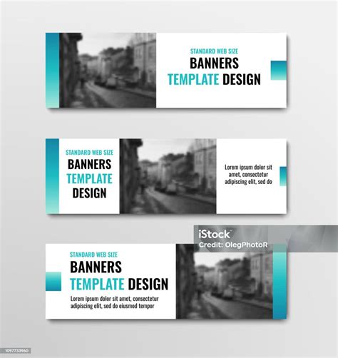 Desain Spanduk Putih Horizontal Dengan Elemen Biru Dan Ruang Untuk Foto
