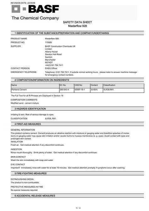 Safety Data Sheet Masterflow 928 Arcon Supplies